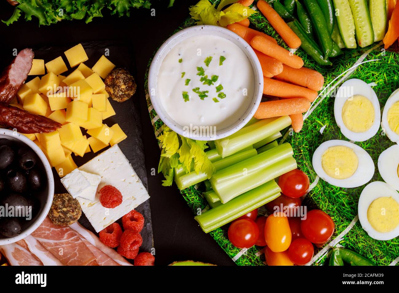 Healthy vegetable platter with eggs and ranch close up Stock Photo - Alamy