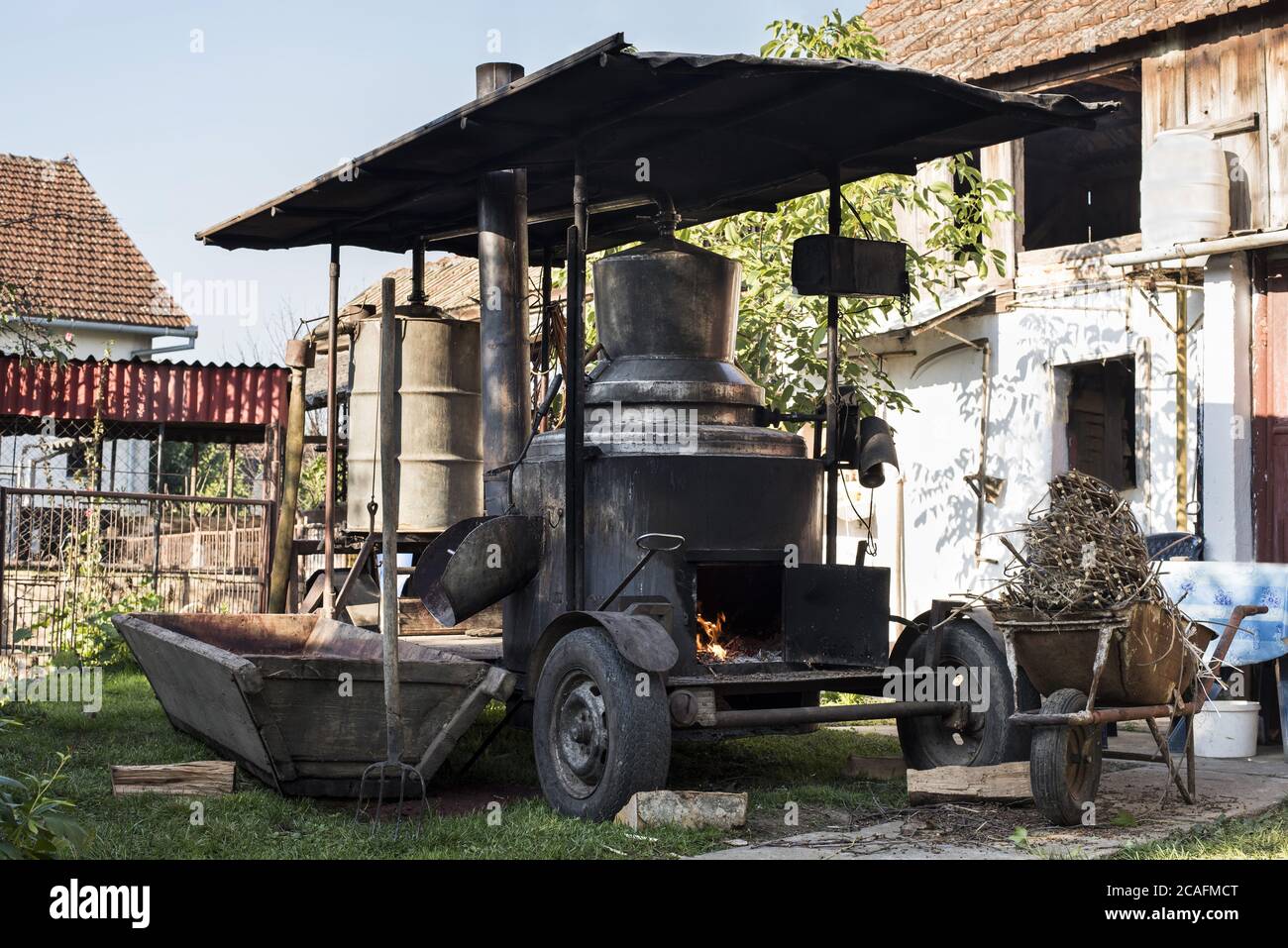 Homemade distillery for making plum brandy used in Eastern Europe ...