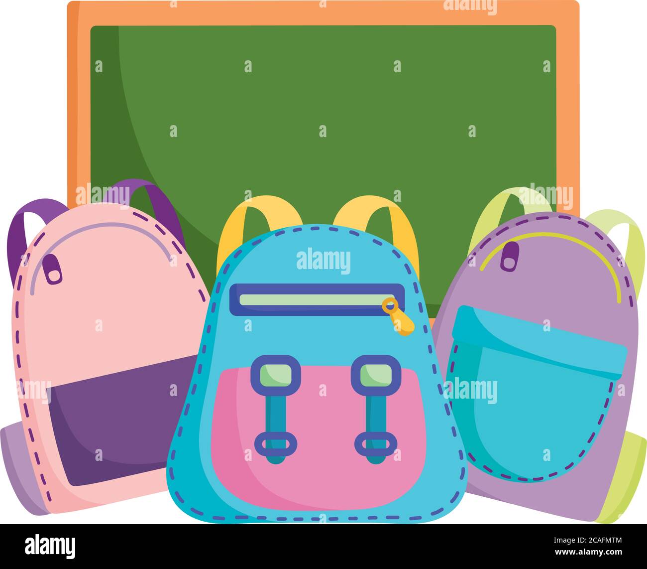 back to school, chalkboard and backpacks elementary education cartoon ...