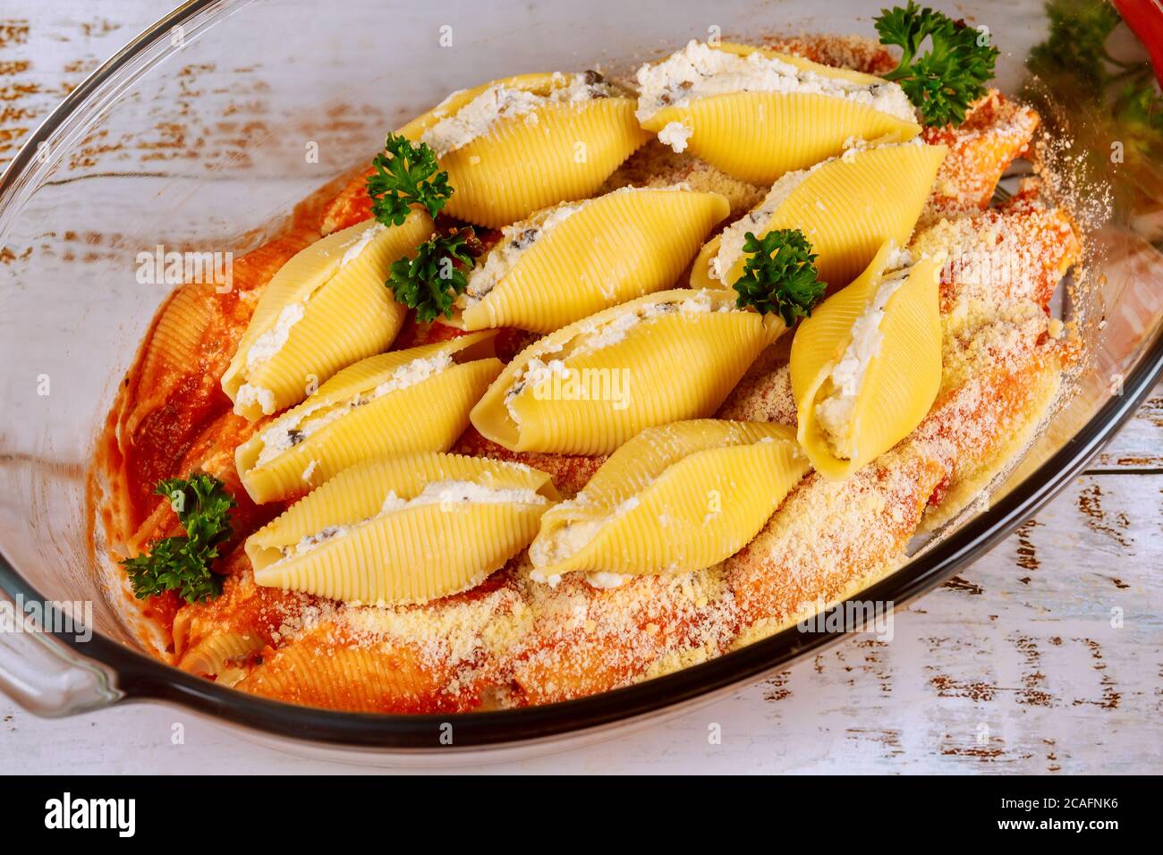 Stuffed jumbo pasta shells with mushroom and ricotta cheese Stock Photo ...