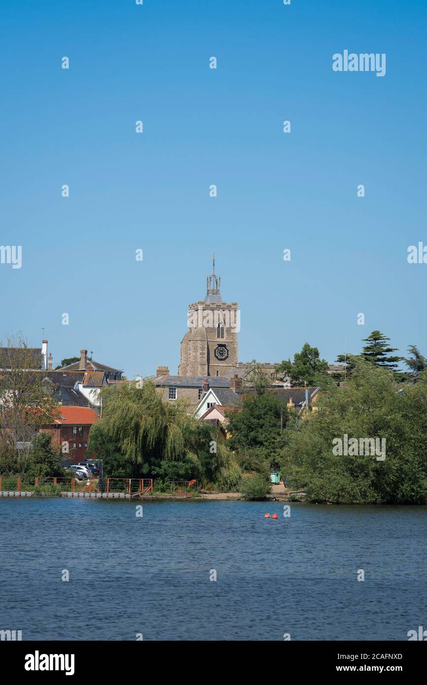 Diss Mere, view in summer of the Mere with the tower of St Mary's ...