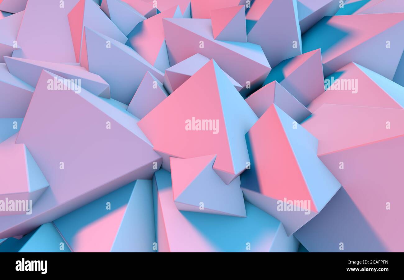 Abstract background with 3D shapes flying in pink and blue light as a ...