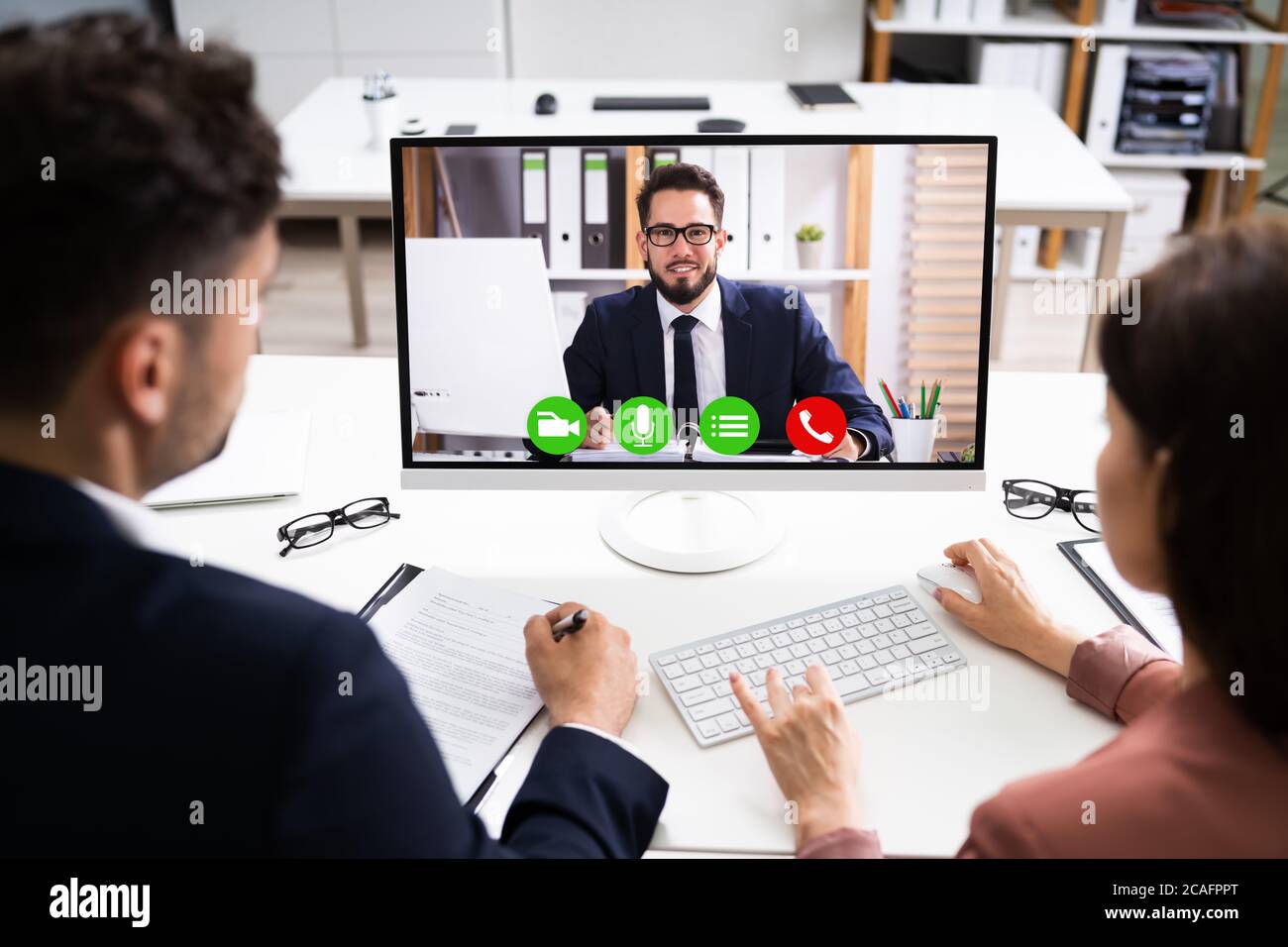 Online Video Conference Meeting On Computer In Office Stock Photo - Alamy