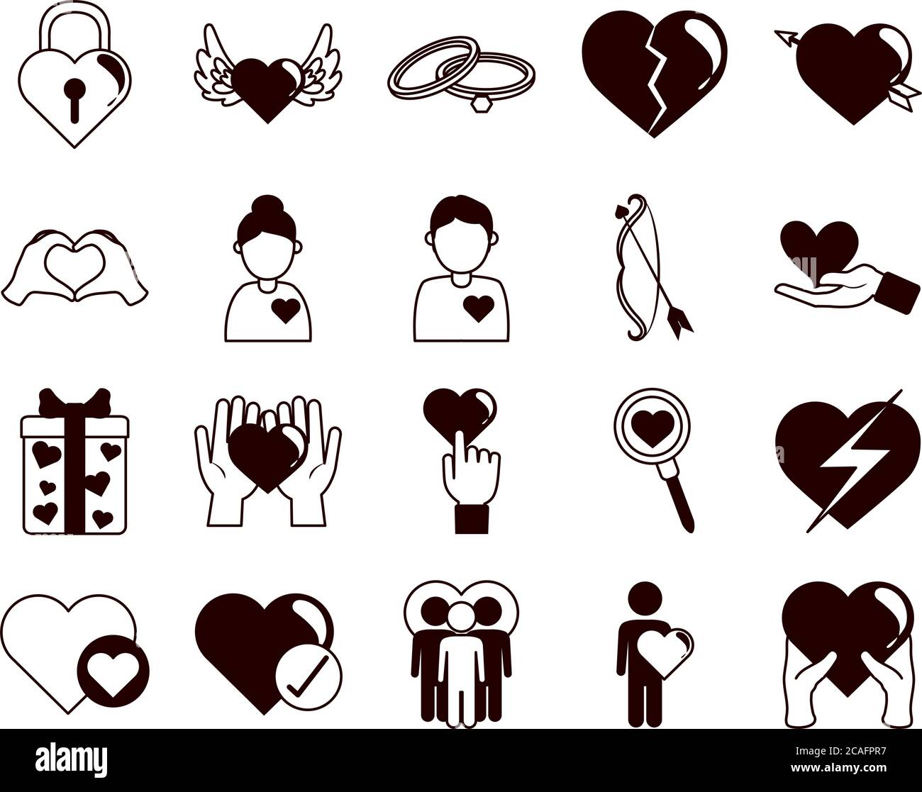 love heart romantic passion feeling message linear style icons set ...
