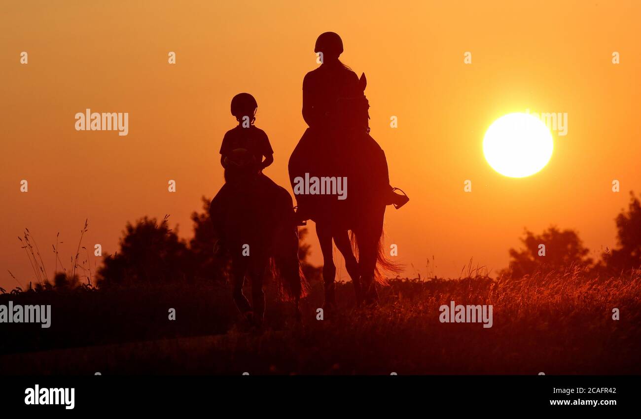 Offingen, Germany. 07th Aug, 2020. Two girls are out with their horses ...
