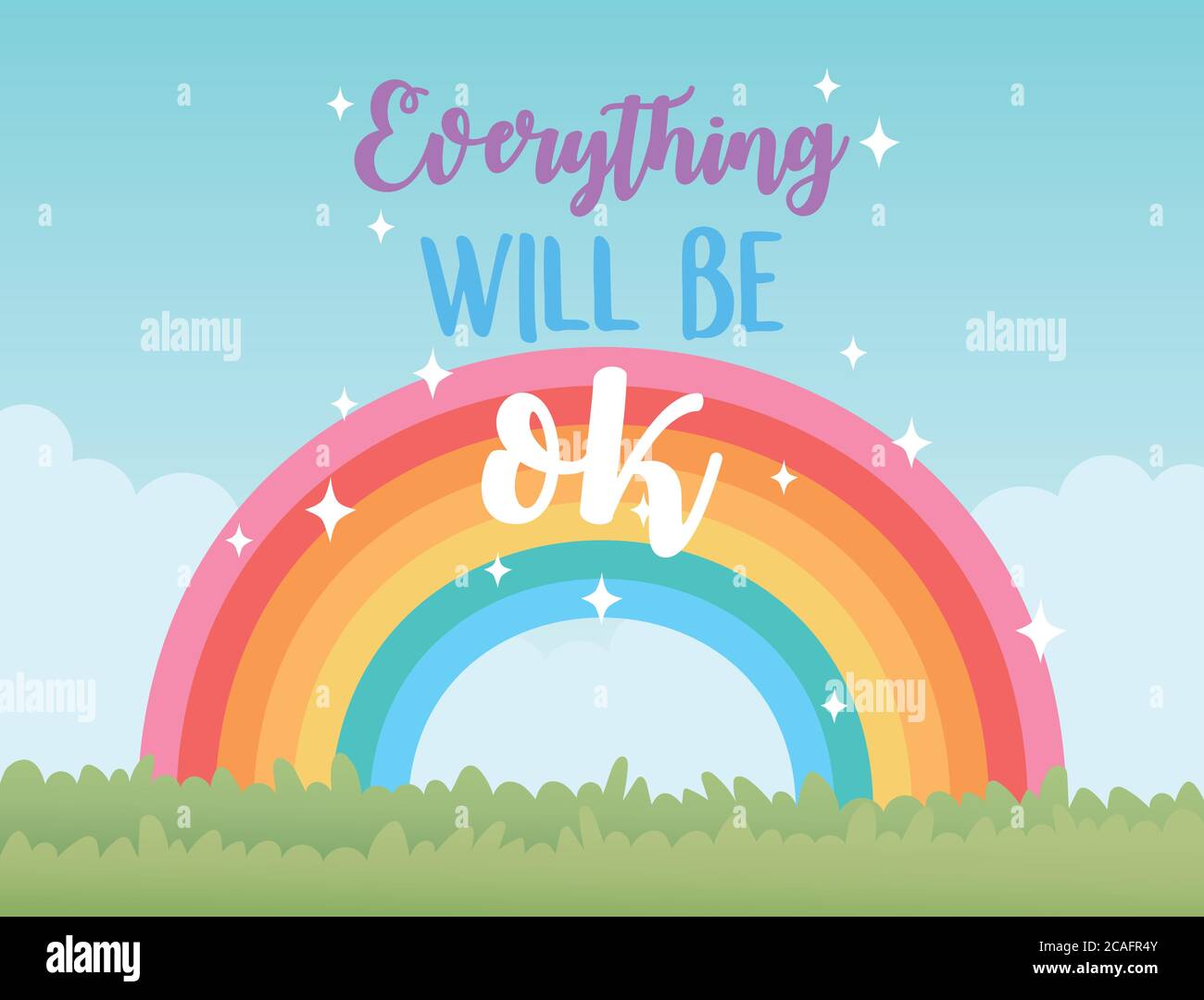 everything will be ok rainbow on meadow nature, positive message vector ...