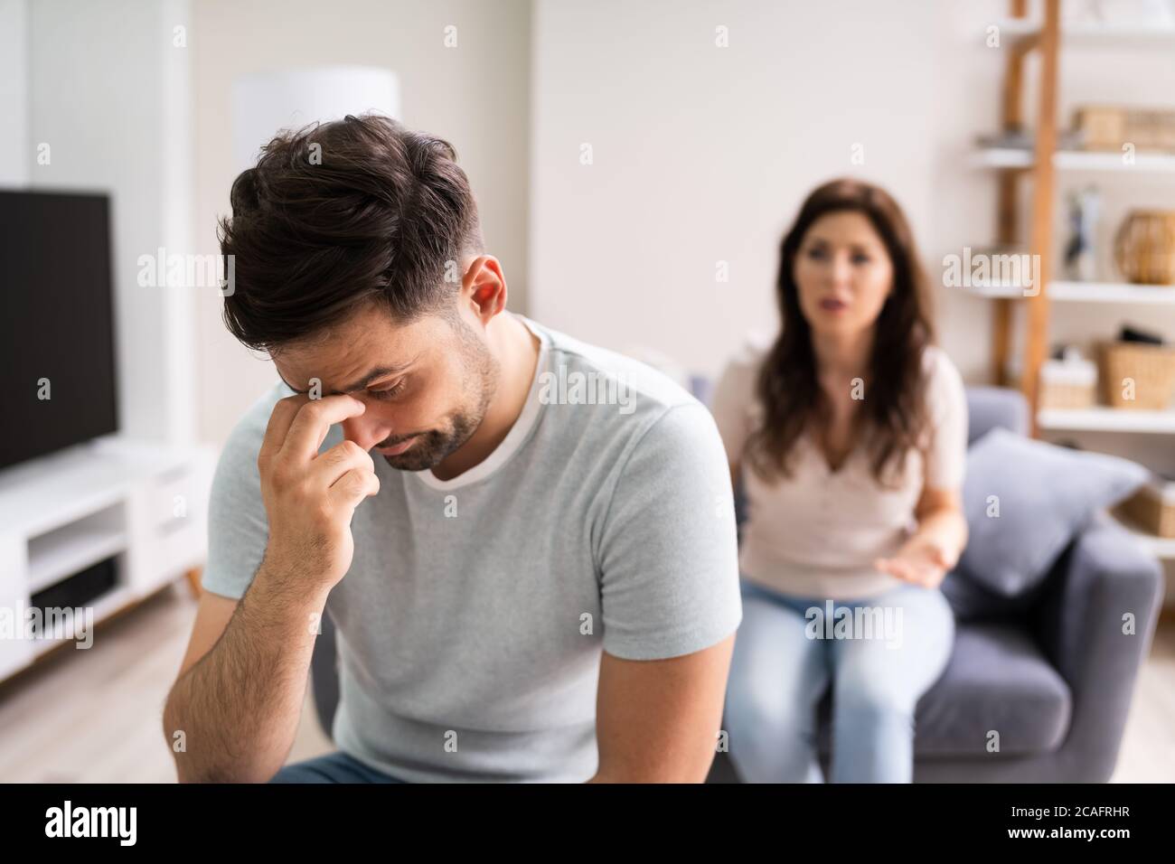 Sad Man Arguing Couple Family Divorce With Woman Stock Photo - Alamy