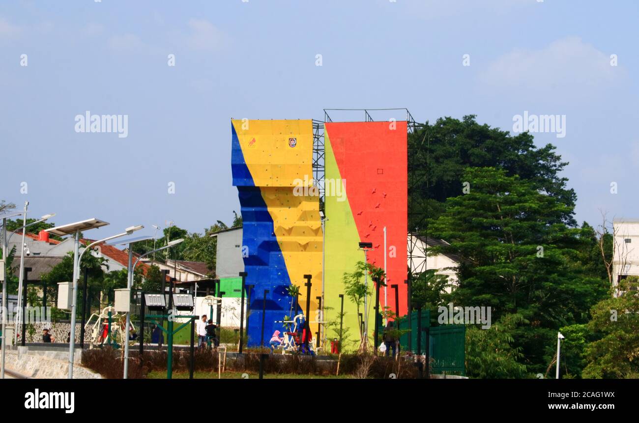 Depok, Indonesia - April 14, 2019: Climbing walls at Alun-alun (green ...
