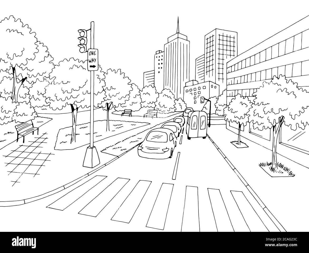 Street road graphic black white city landscape sketch illustration ...