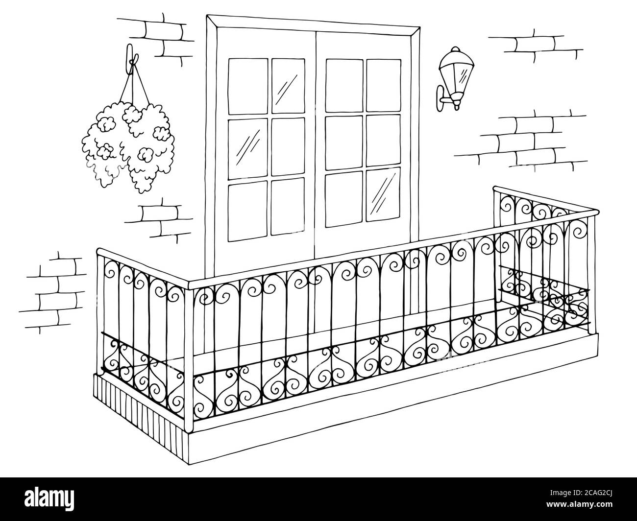 Balcony exterior graphic black white sketch illustration vector Stock ...