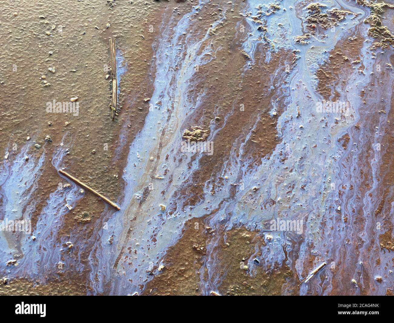 oil stains on beach sand environmental disaster Stock Photo - Alamy