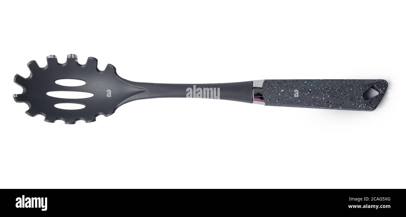 Black plastic spoon for draining on white background Stock Photo - Alamy