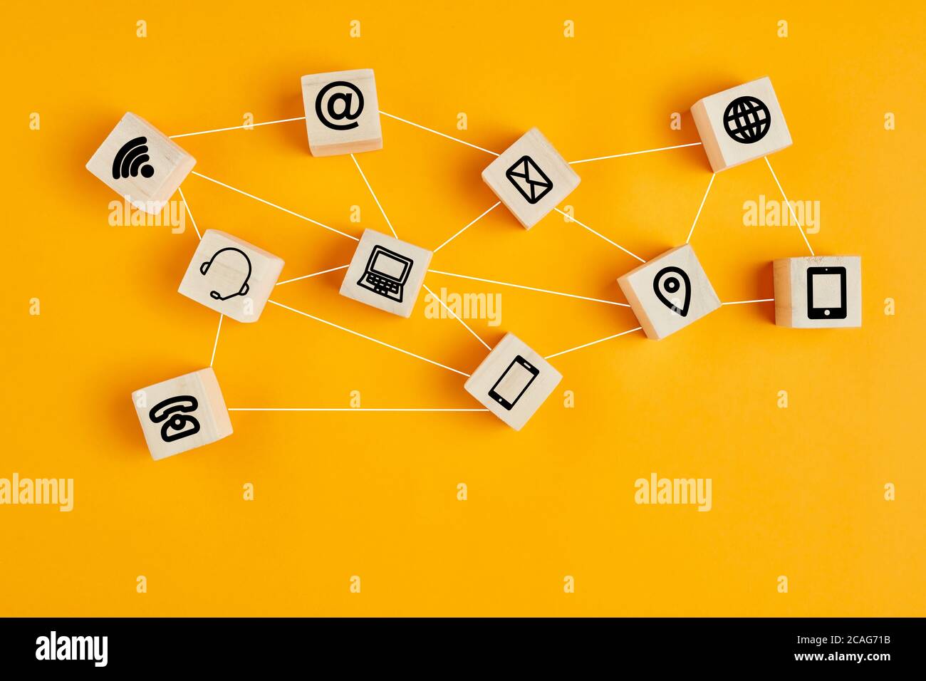 Technology communication or internet social networking icons on wooden ...