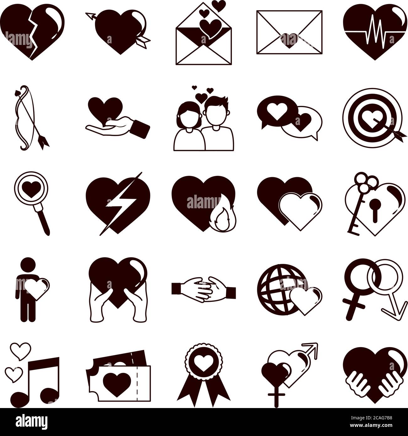 love heart romantic passion feeling message linear style icons set ...
