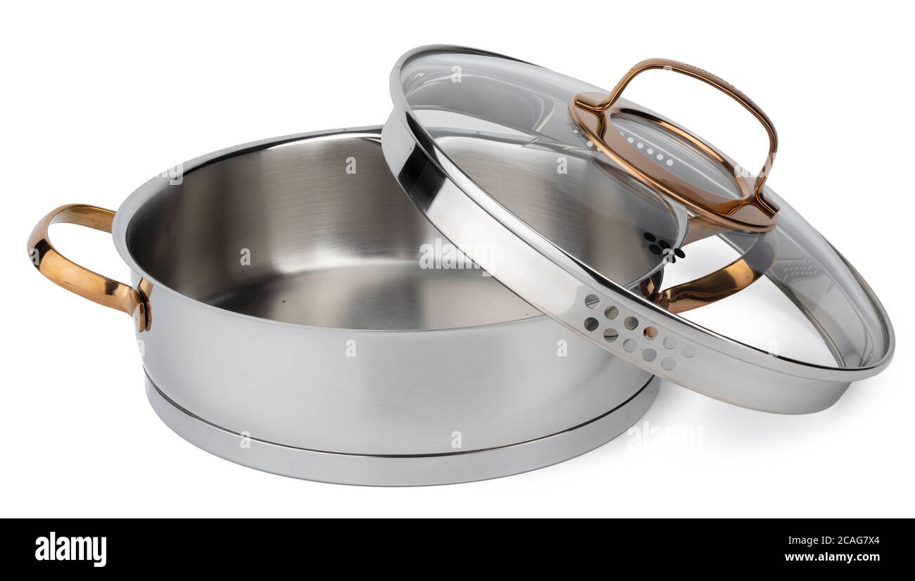 New metal cooking pot isolated on white Stock Photo - Alamy