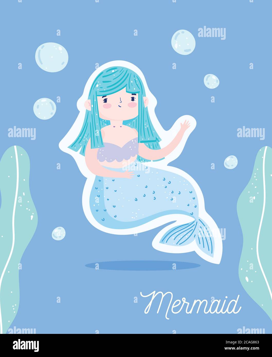cute little mermaid with blue hair with seaweed and bubbles underwater ...
