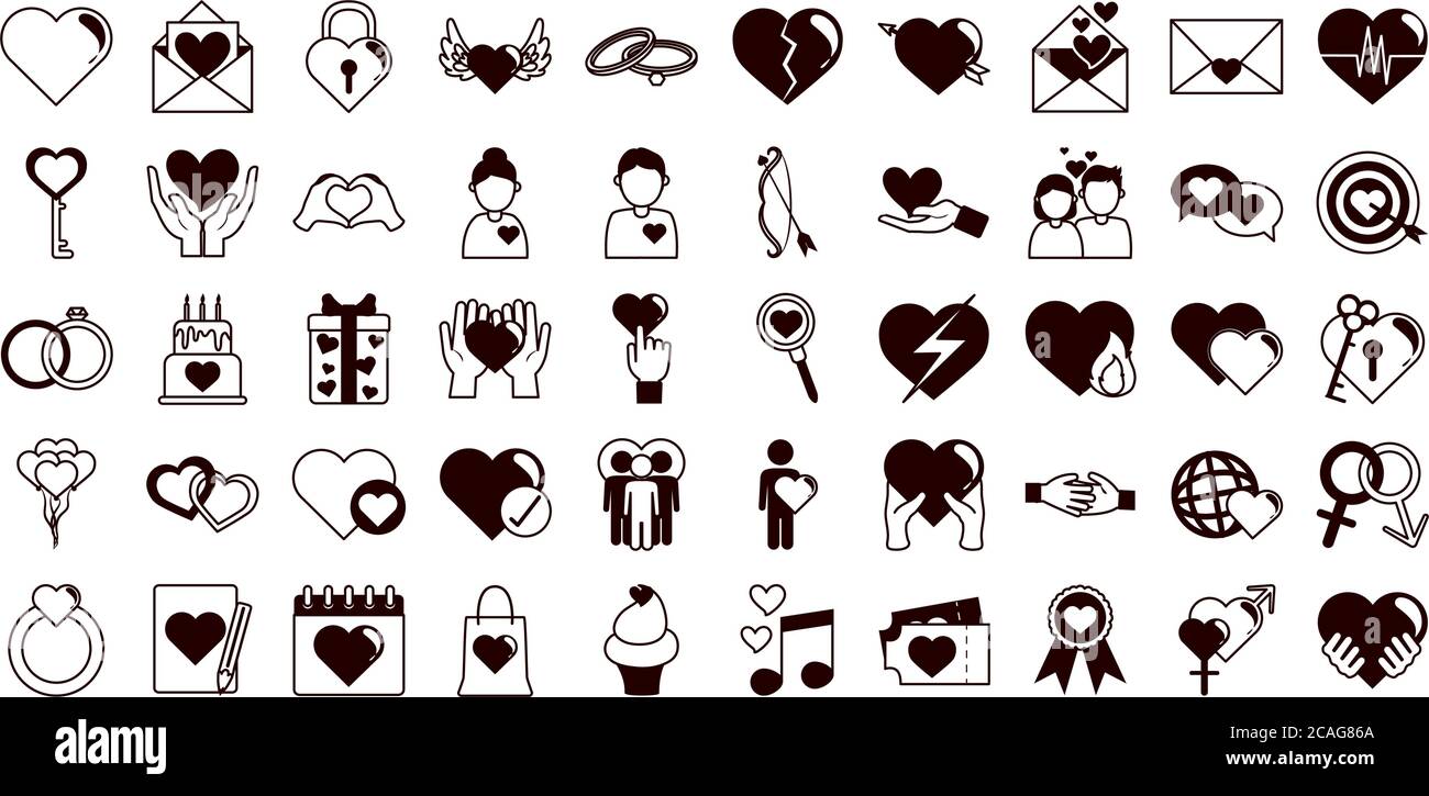 love heart romantic passion feeling message linear style icons set ...