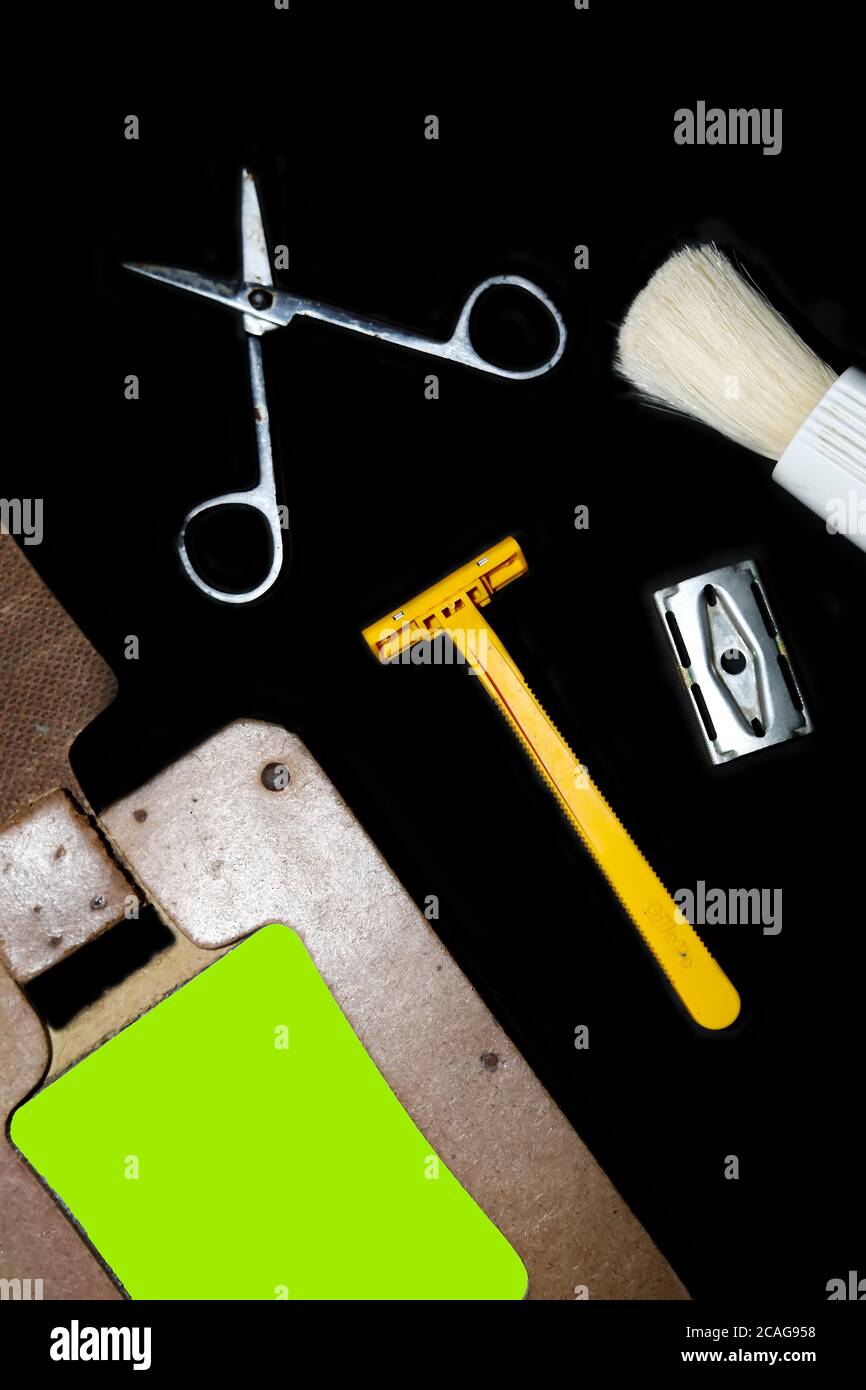 Tools for cutting beard barbershop top views Stock Photo - Alamy