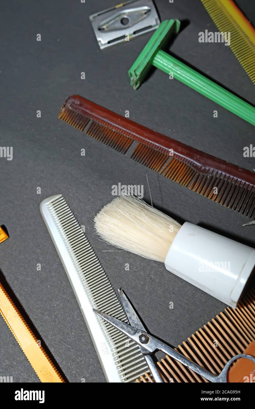 Tools for cutting beard barbershop top views Stock Photo - Alamy