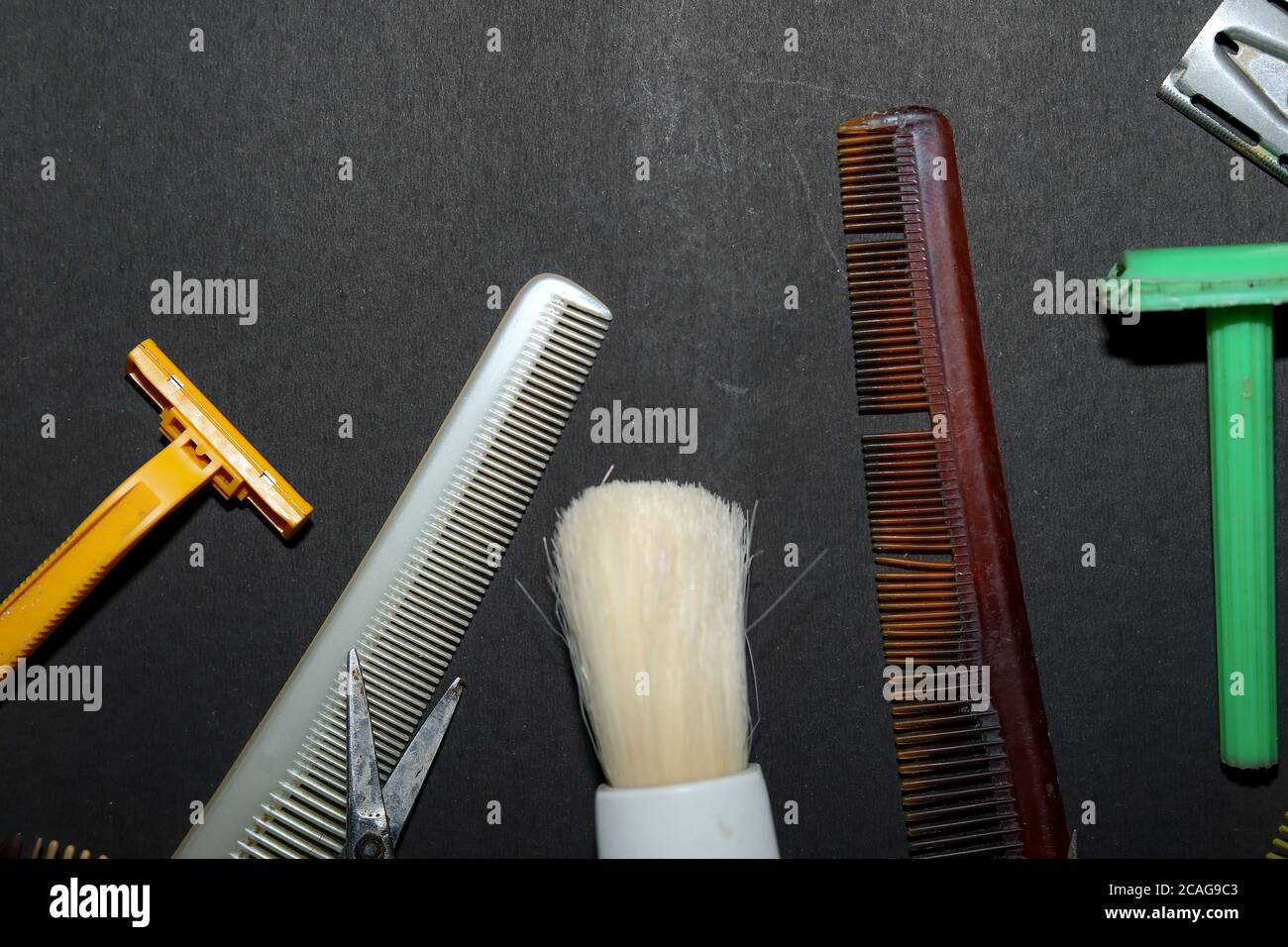 Instruments male hairdresser barbershop top views Stock Photo - Alamy