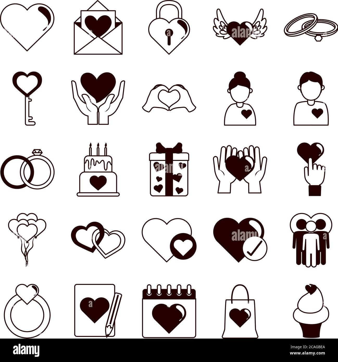 love heart romantic passion feeling message linear style icons set ...