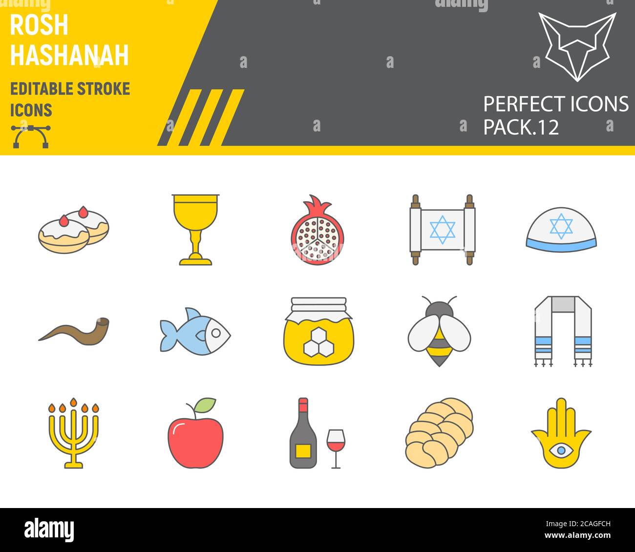 Rosh hashanah color line icon set, hanukkah collection, vector sketches, logo illustrations ...