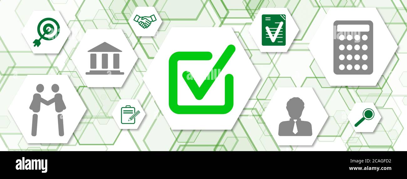 Concept of validation with icons on hexagons Stock Photo - Alamy