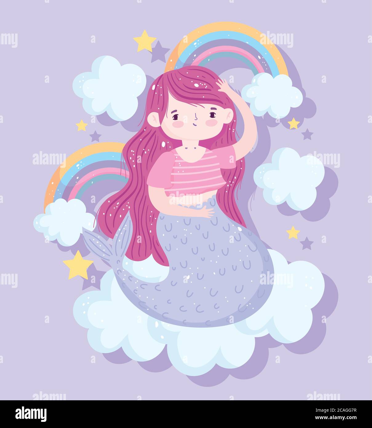 cute little mermaid sitting on cloud with rainbows stars decoration ...