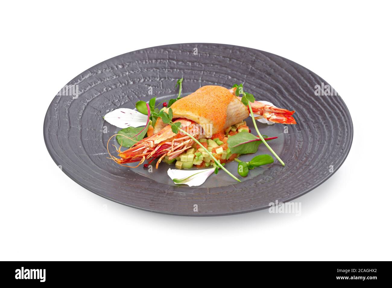 Grilled king prawn on grey plate isolated on white Stock Photo - Alamy