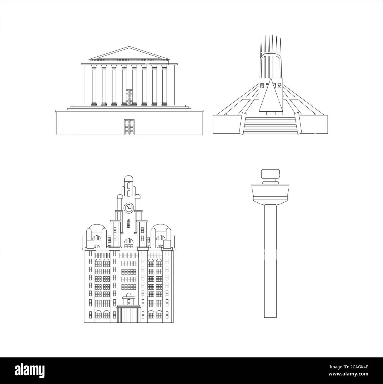 Outline icons of the famous buildings of Liverpool city in England ...