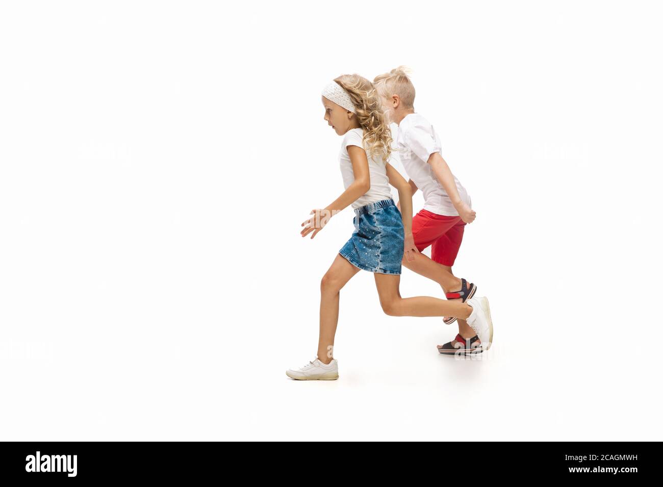 Step by step. Happy kids, little emotional caucasian boy and girl ...