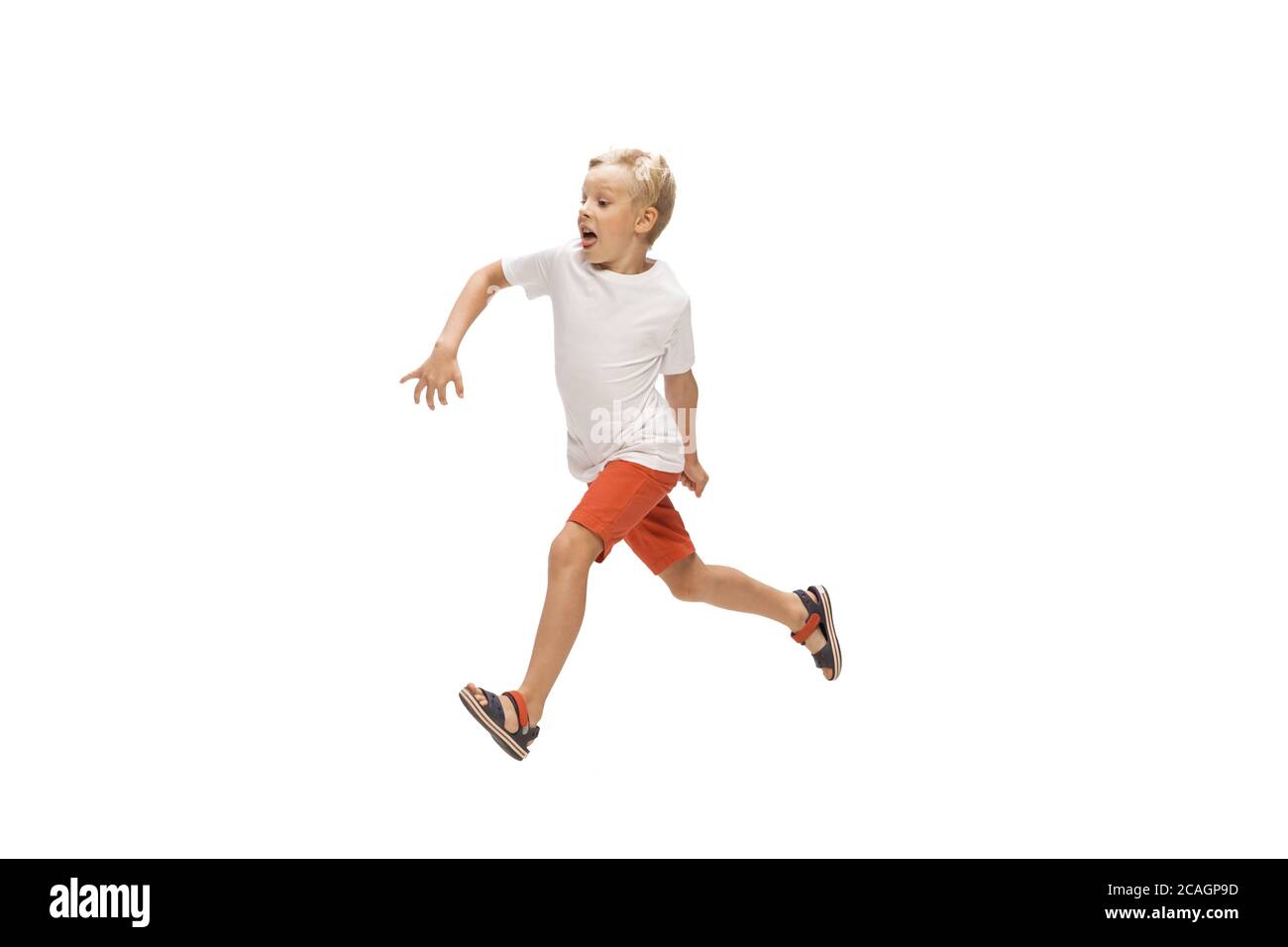 Target. Happy kids, little and emotional caucasian boy jumping and ...