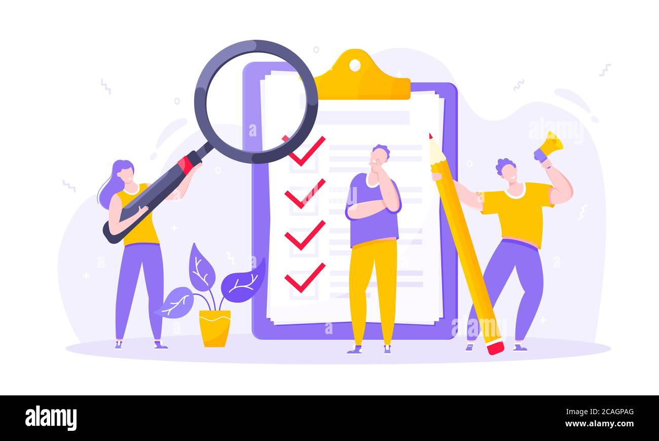 Task done business concept tiny people with megaphone, magnifying glass ...