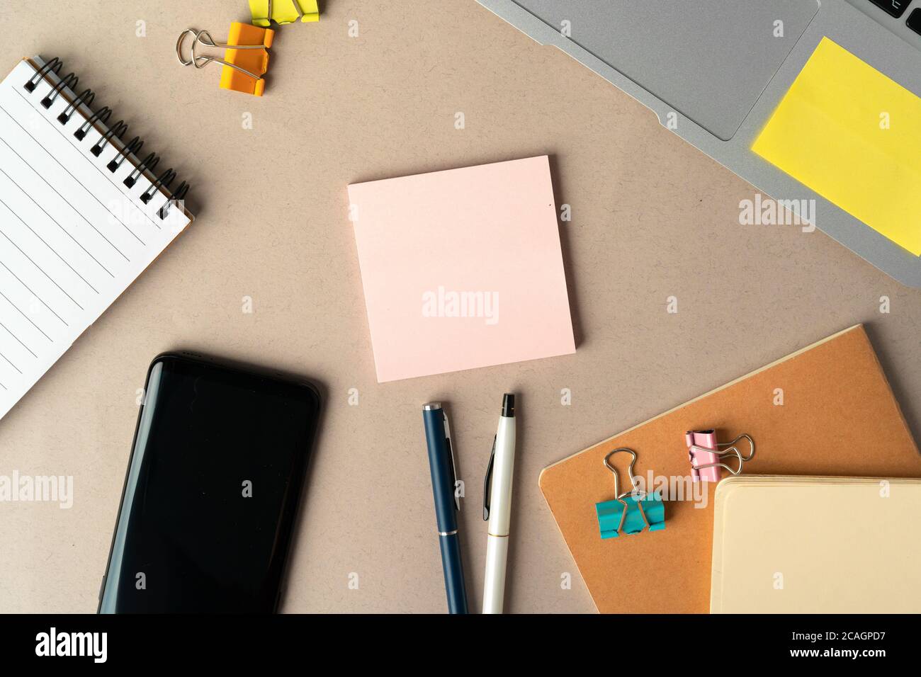 Open laptop with blank notebook, view from above. Workplace concept ...