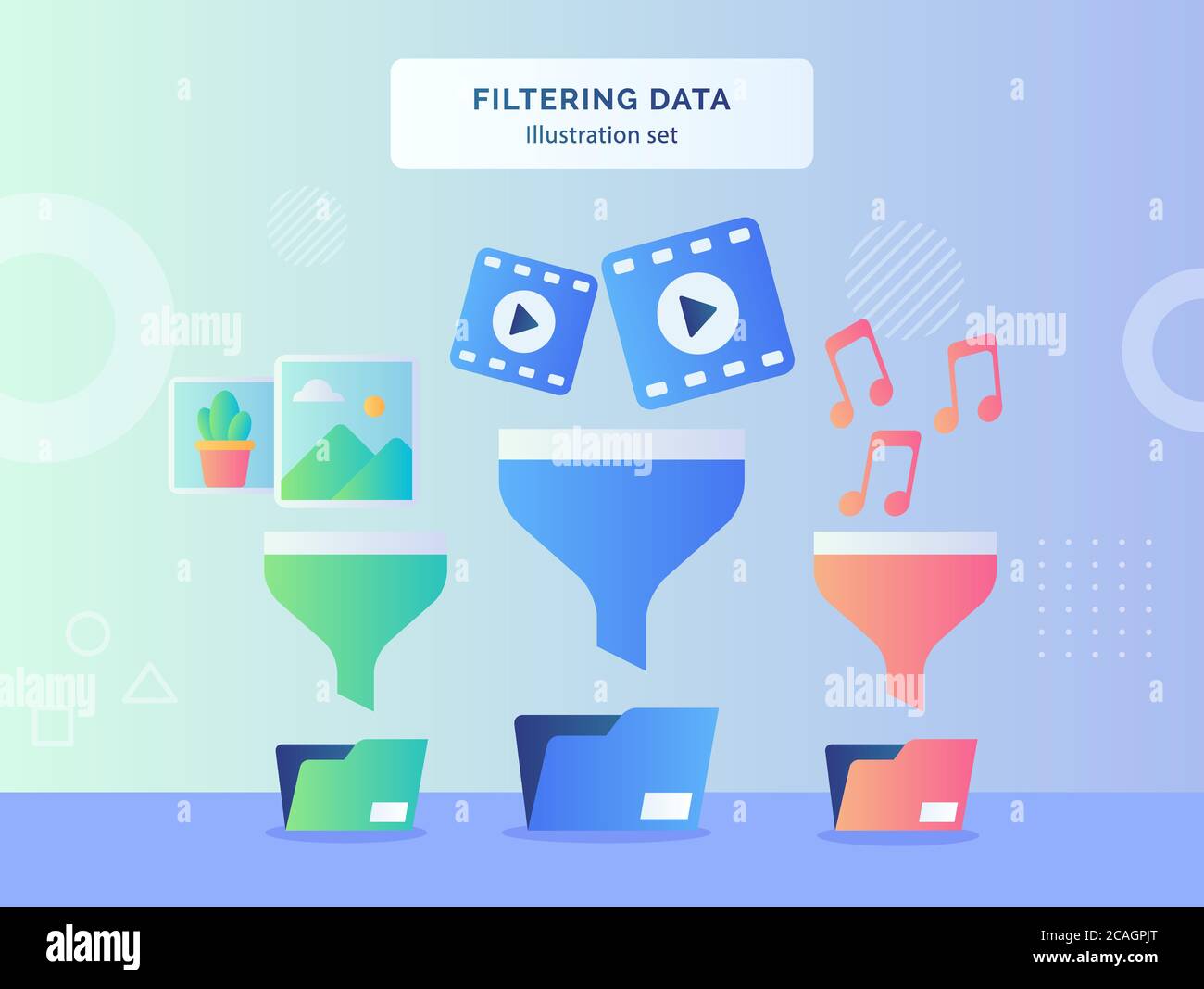 Filtering data illustration set picture video music on funnel to file ...