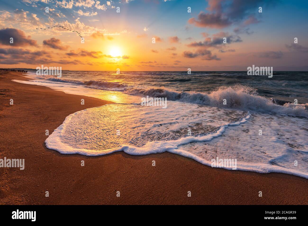 Colorful sunset with wave splashes on the beach Stock Photo - Alamy