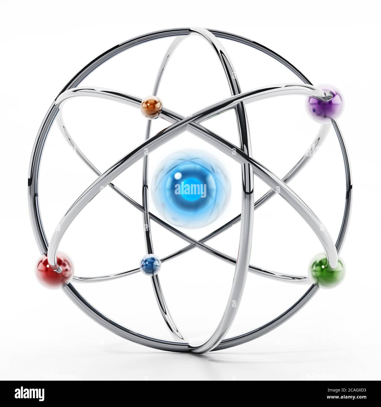 Fictitious atom model with core and orbiting spheres. 3D illustration ...