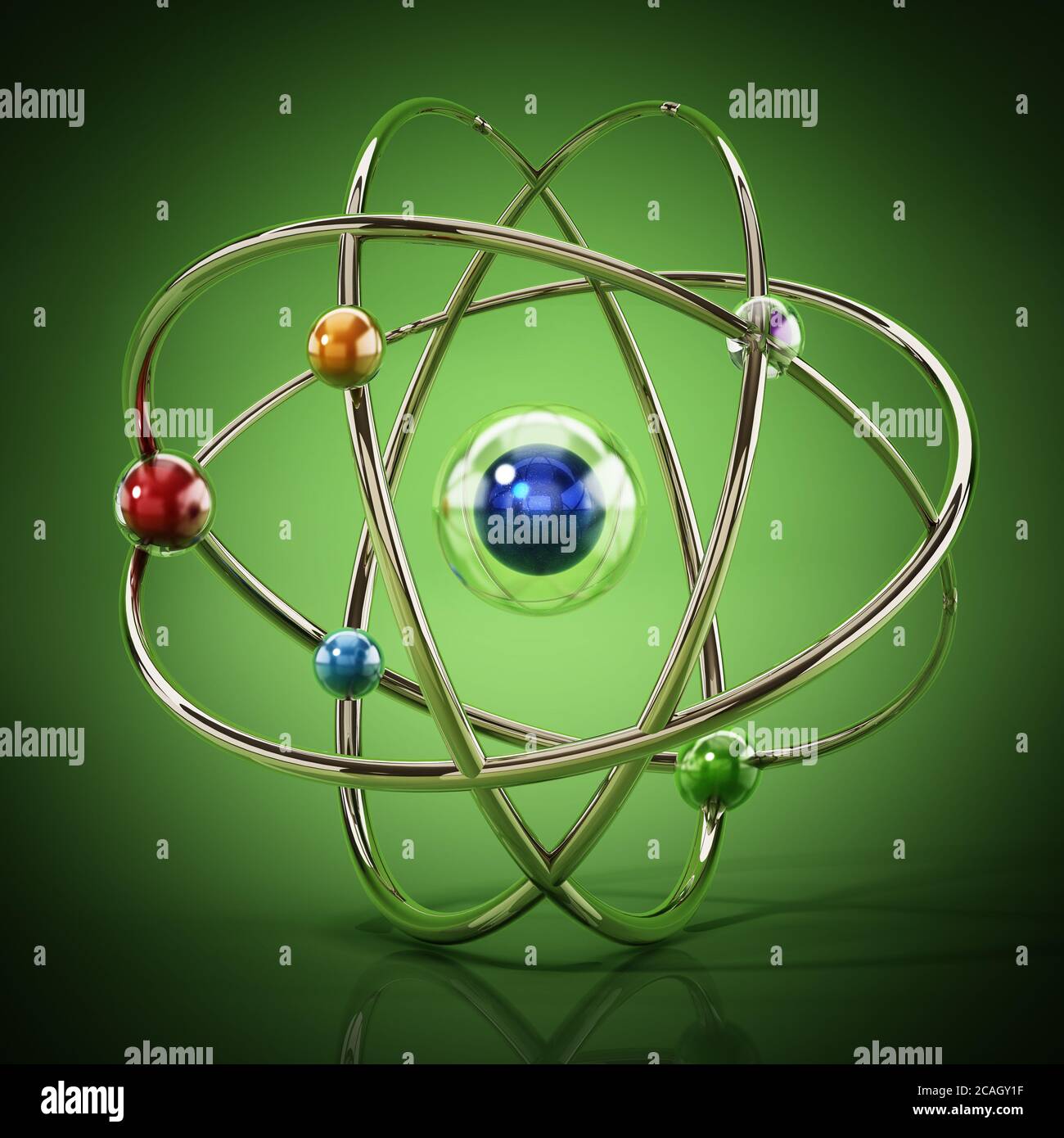 Fictitious atom model with core and orbiting spheres. 3D illustration ...