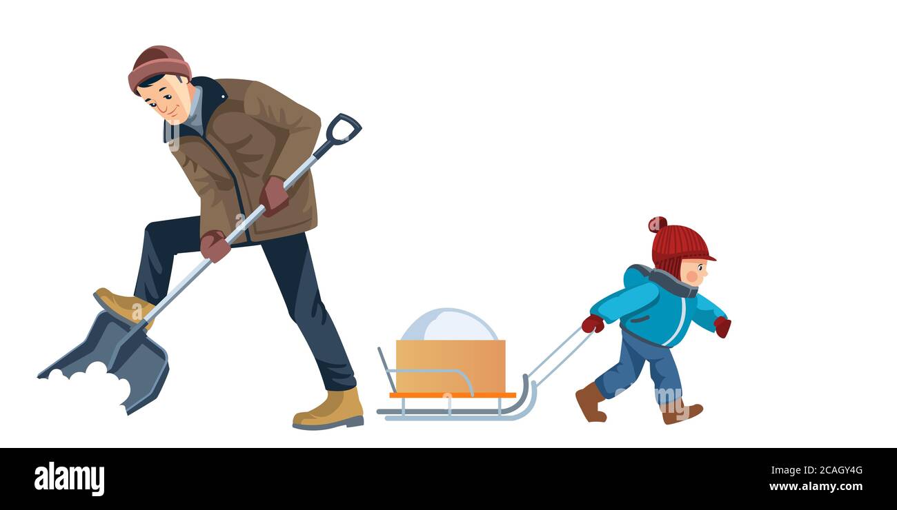 Father and son work together. Dad and boy cleans snow in the yard ...