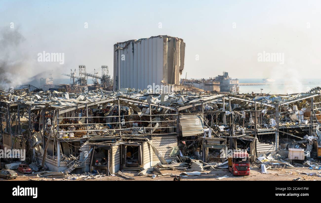 Damaged grain silos in Beirut port that was completely destroyed after ...