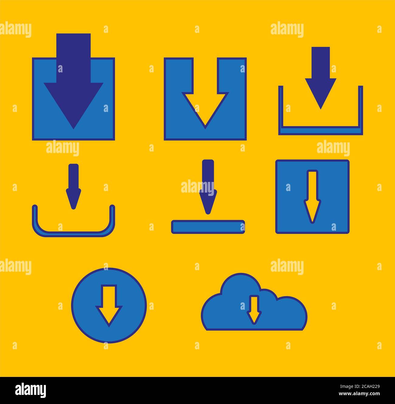 Illustration of different blue download icons isolated on a yellow ...