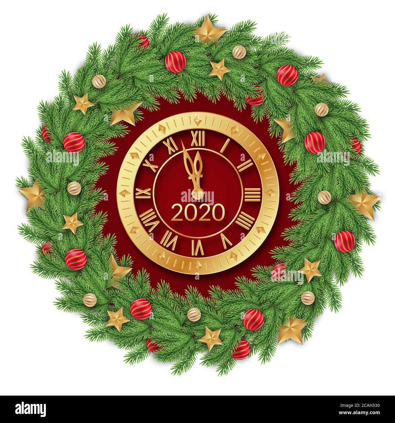 2020 and clock in christmas circle background and ball Stock Photo - Alamy