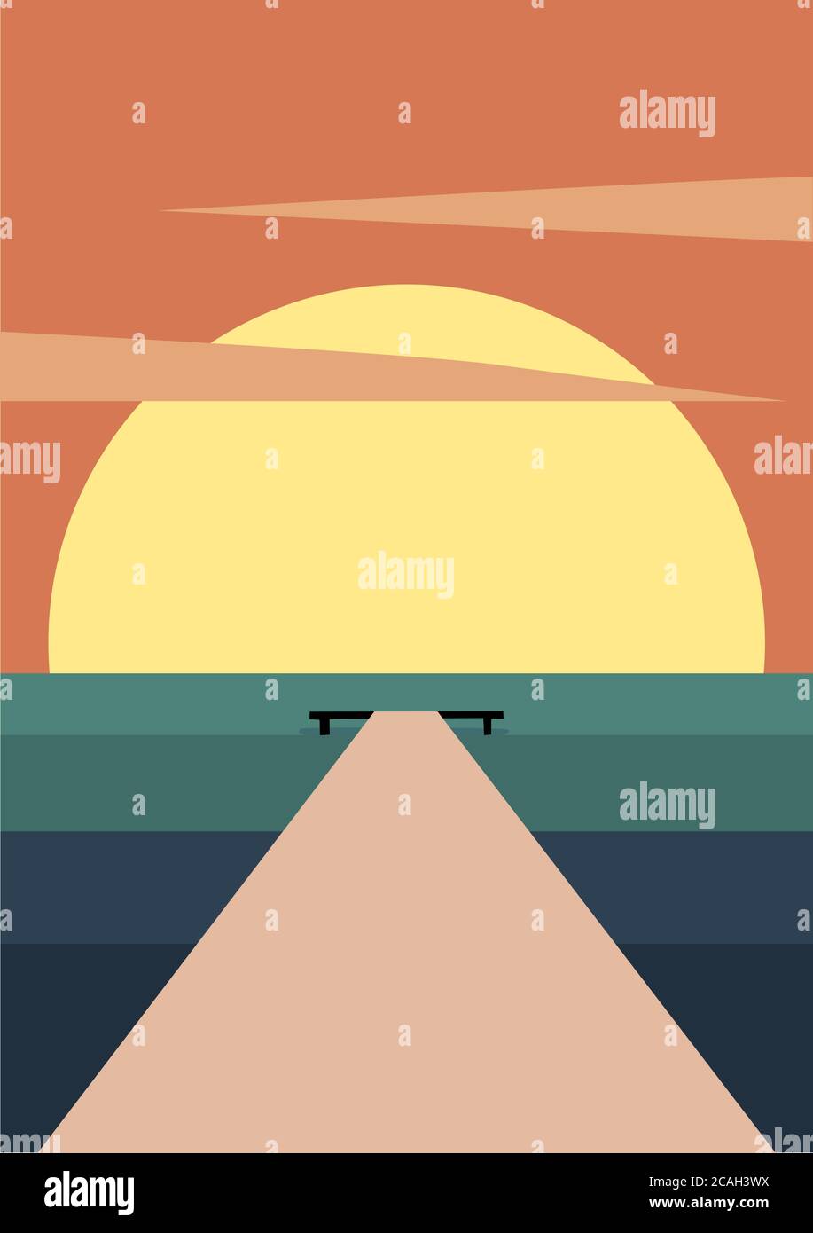 vector illustration of a sea landscape with pier and sun Stock Vector ...