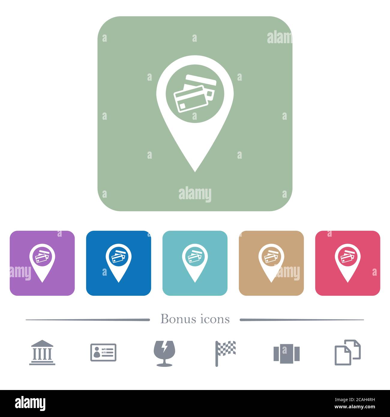 Credit card acceptance GPS map location white flat icons on color ...