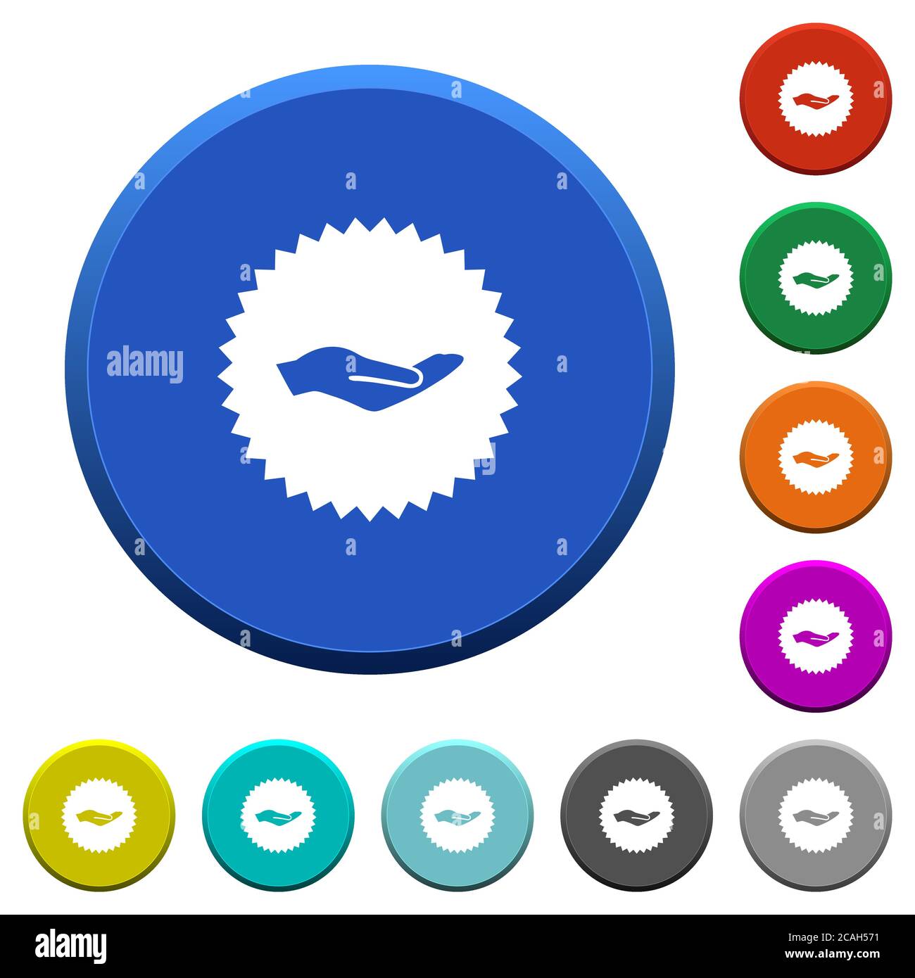 Hand in sticker round color beveled buttons with smooth surfaces and ...