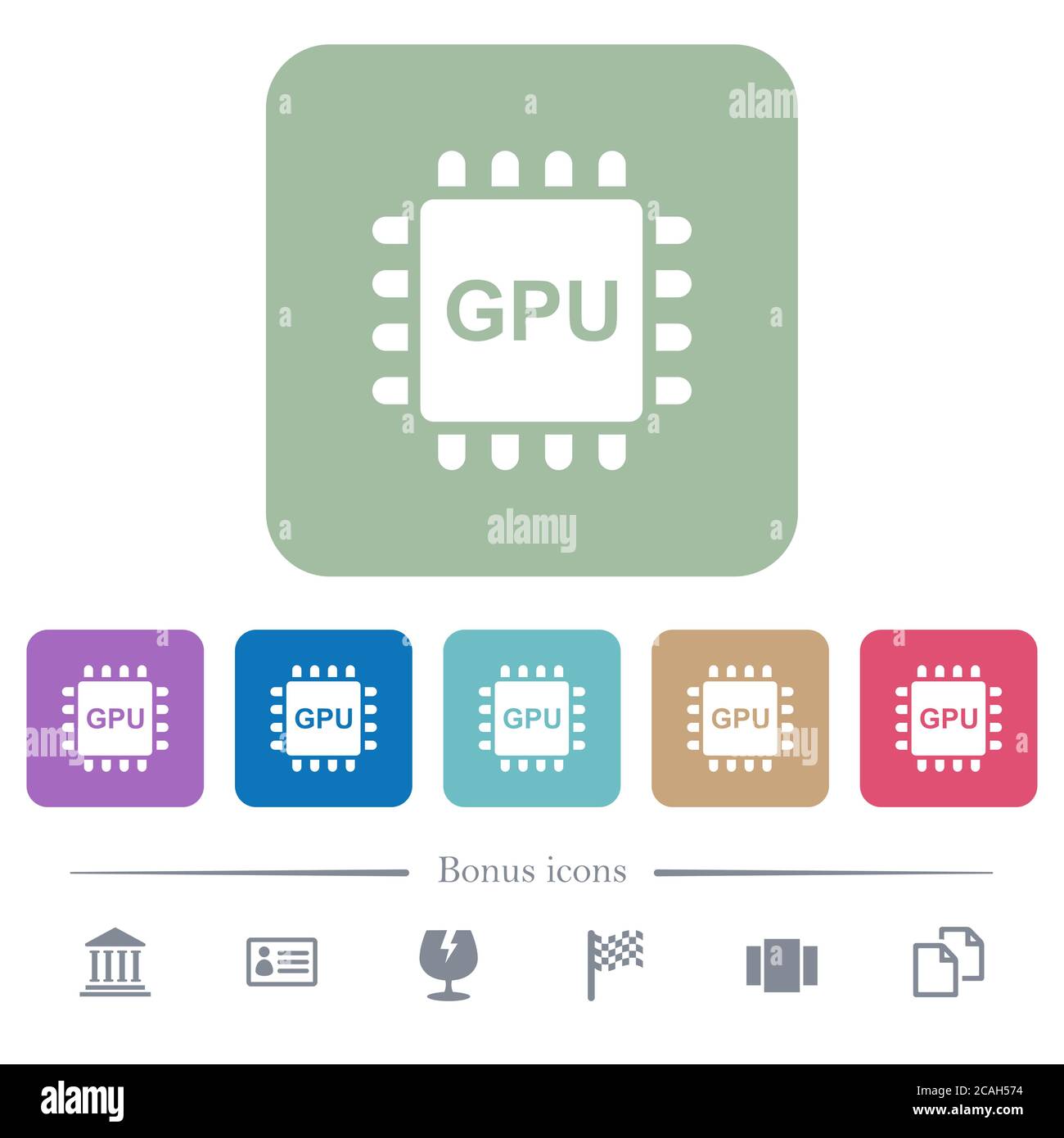 Graphics processing unit white flat icons on color rounded square ...