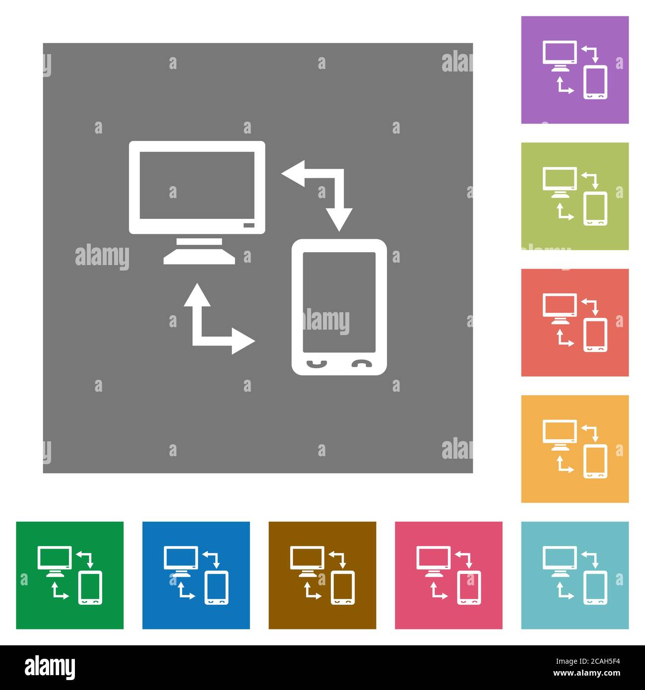 Connecting mobile to desktop flat icons on simple color square ...