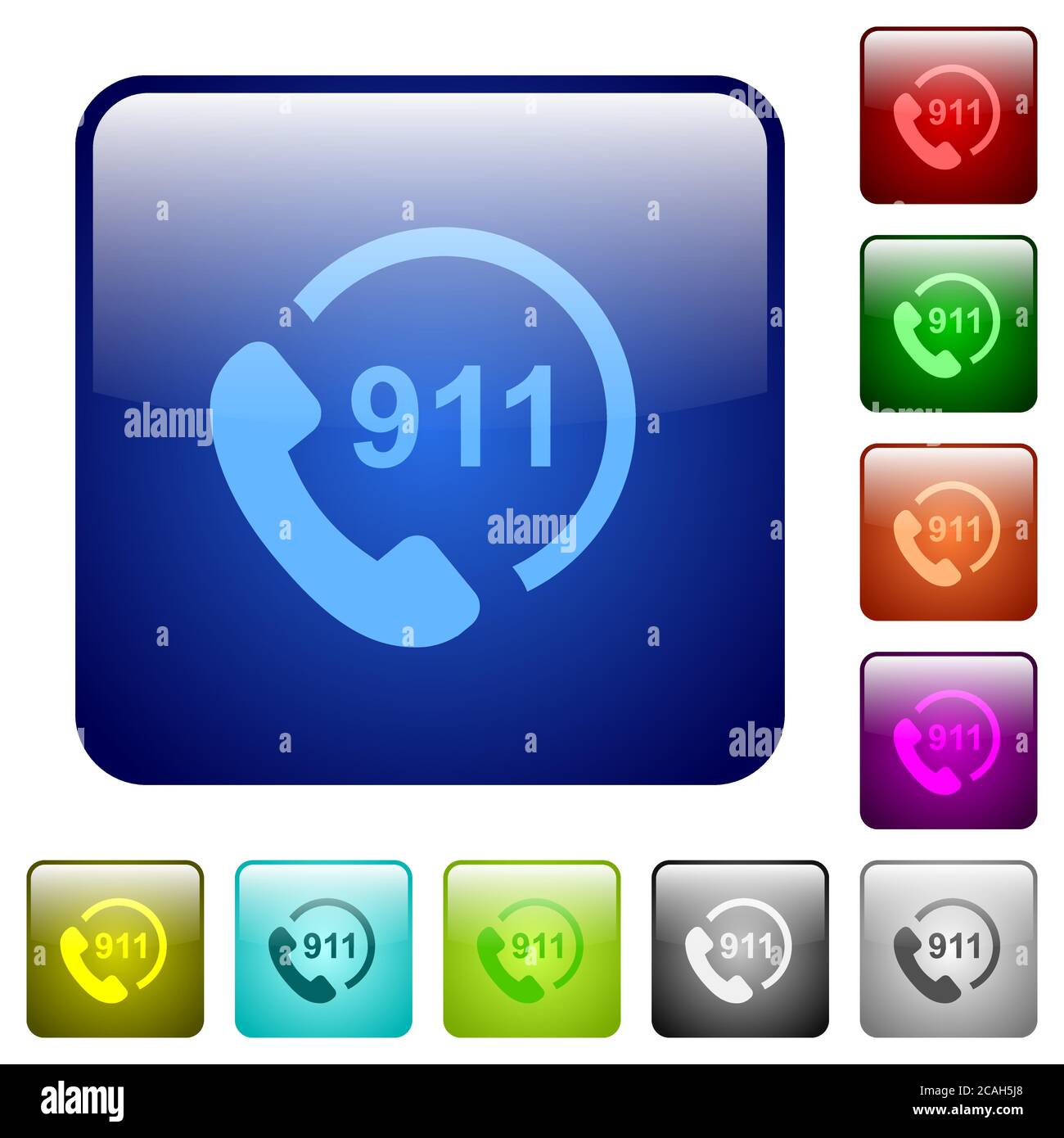 Emergency call 911 icons in rounded square color glossy button set ...