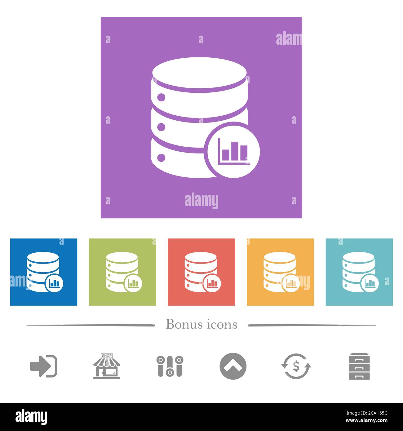 Database statistics flat white icons in square backgrounds. 6 bonus ...