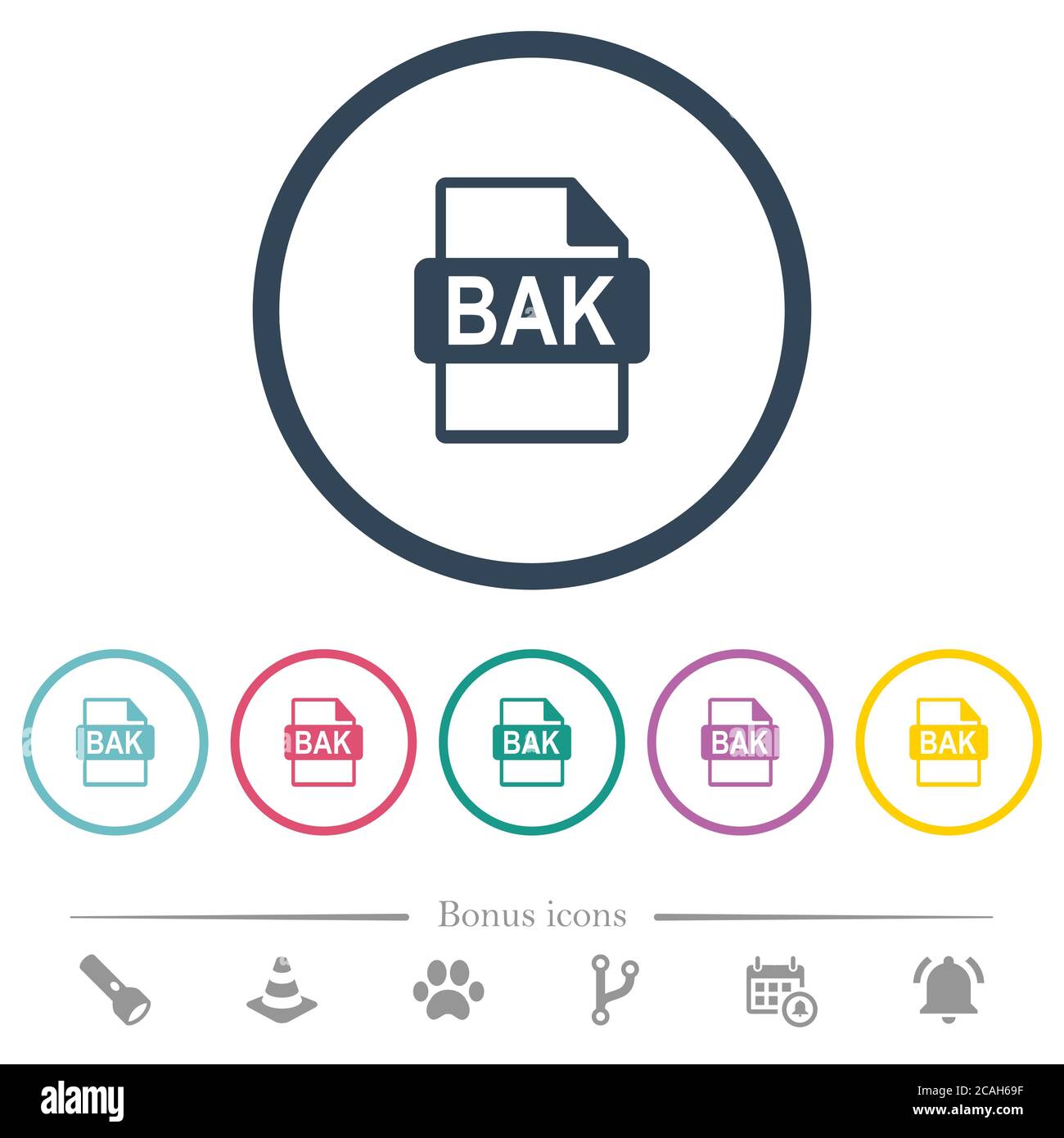 BAK file format flat color icons in round outlines. 6 bonus icons ...